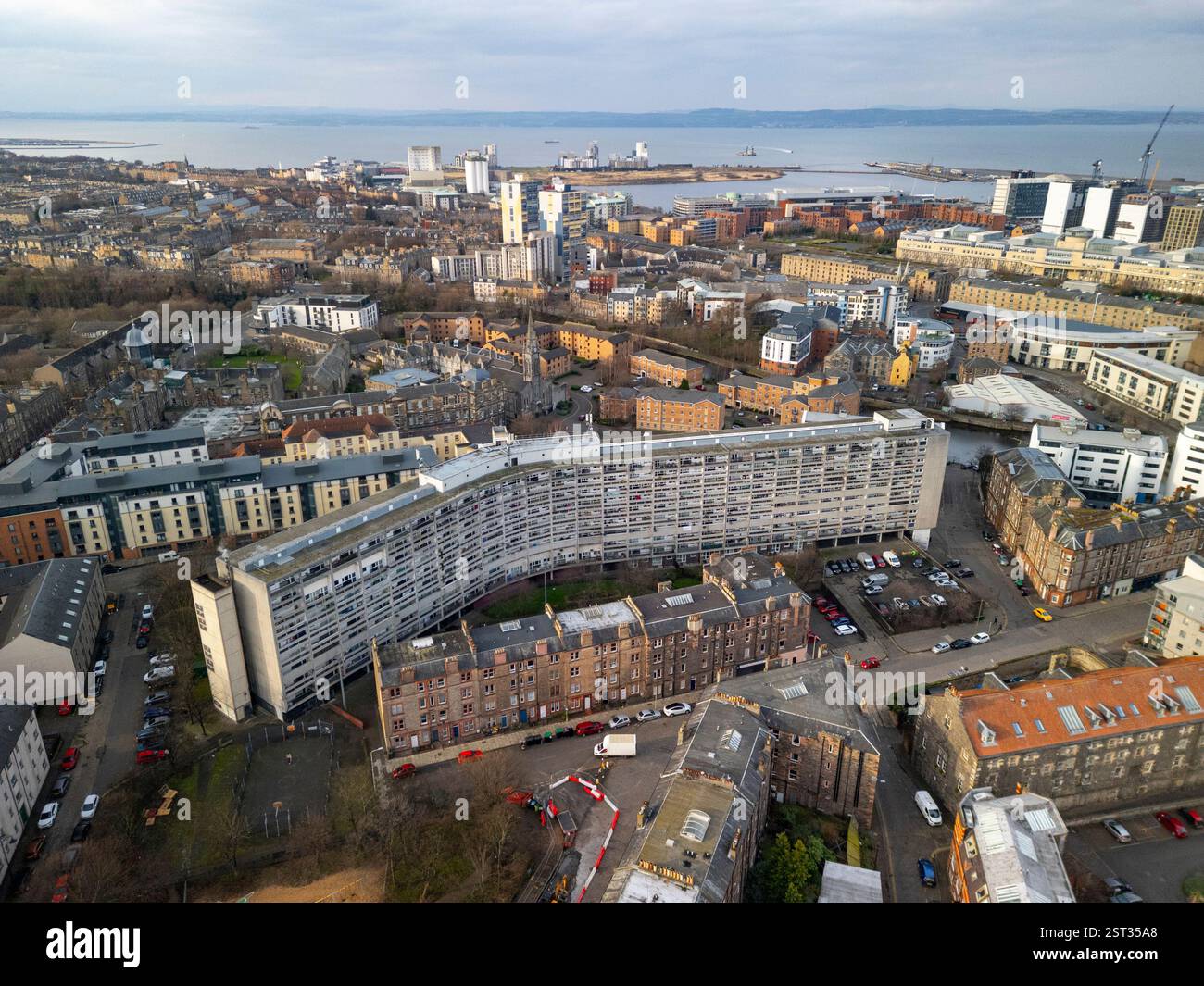 Aerial view of Cables Wind House apartment building known as the Banana ...