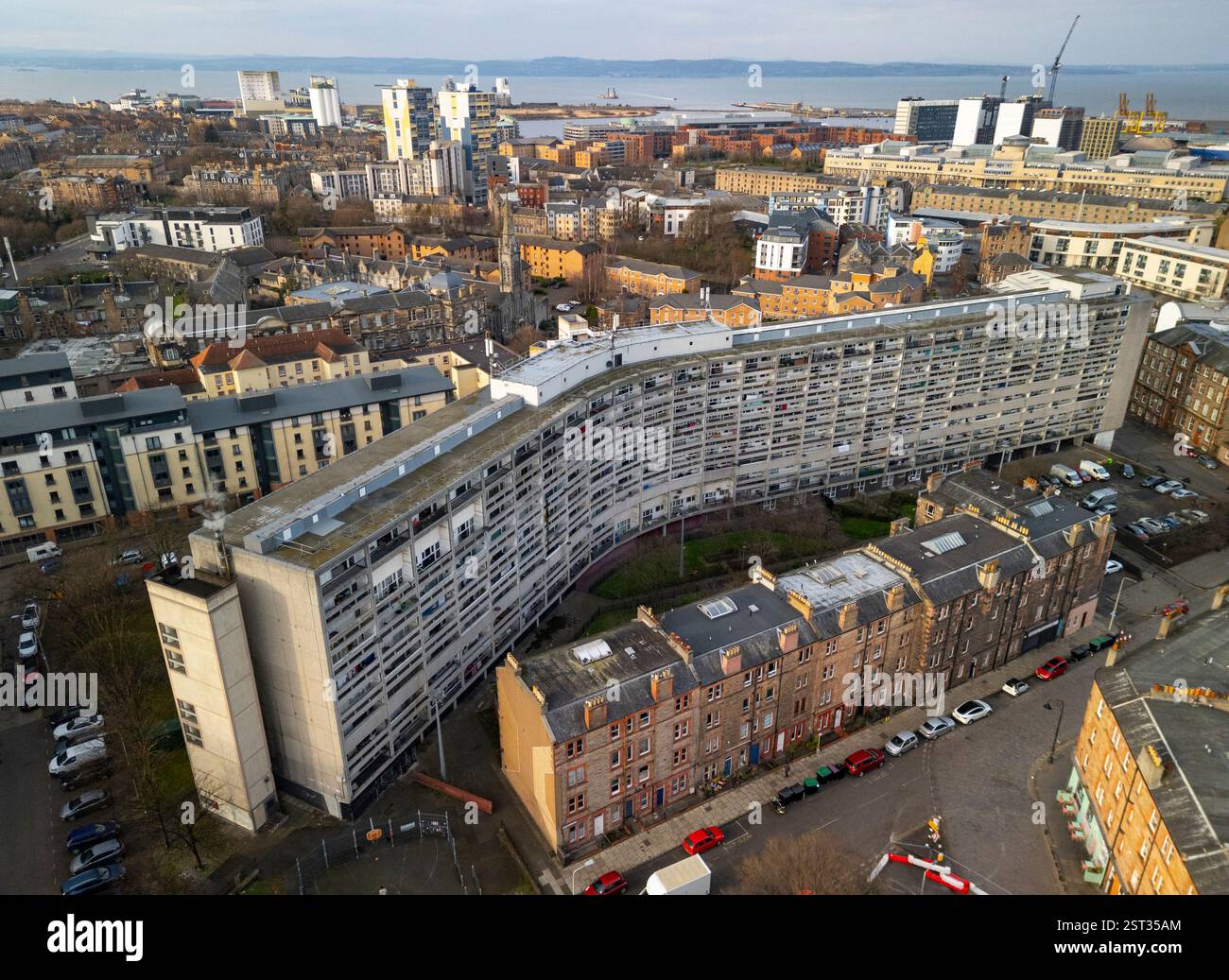 Aerial view of Cables Wind House apartment building known as the Banana ...