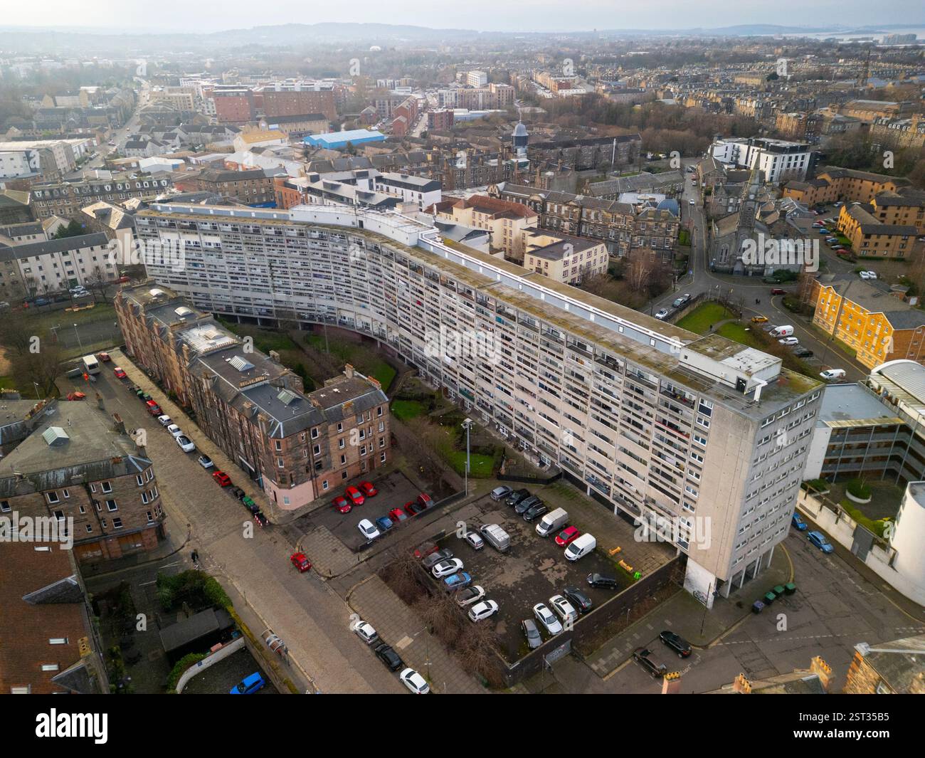 Aerial view of Cables Wind House apartment building known as the Banana ...