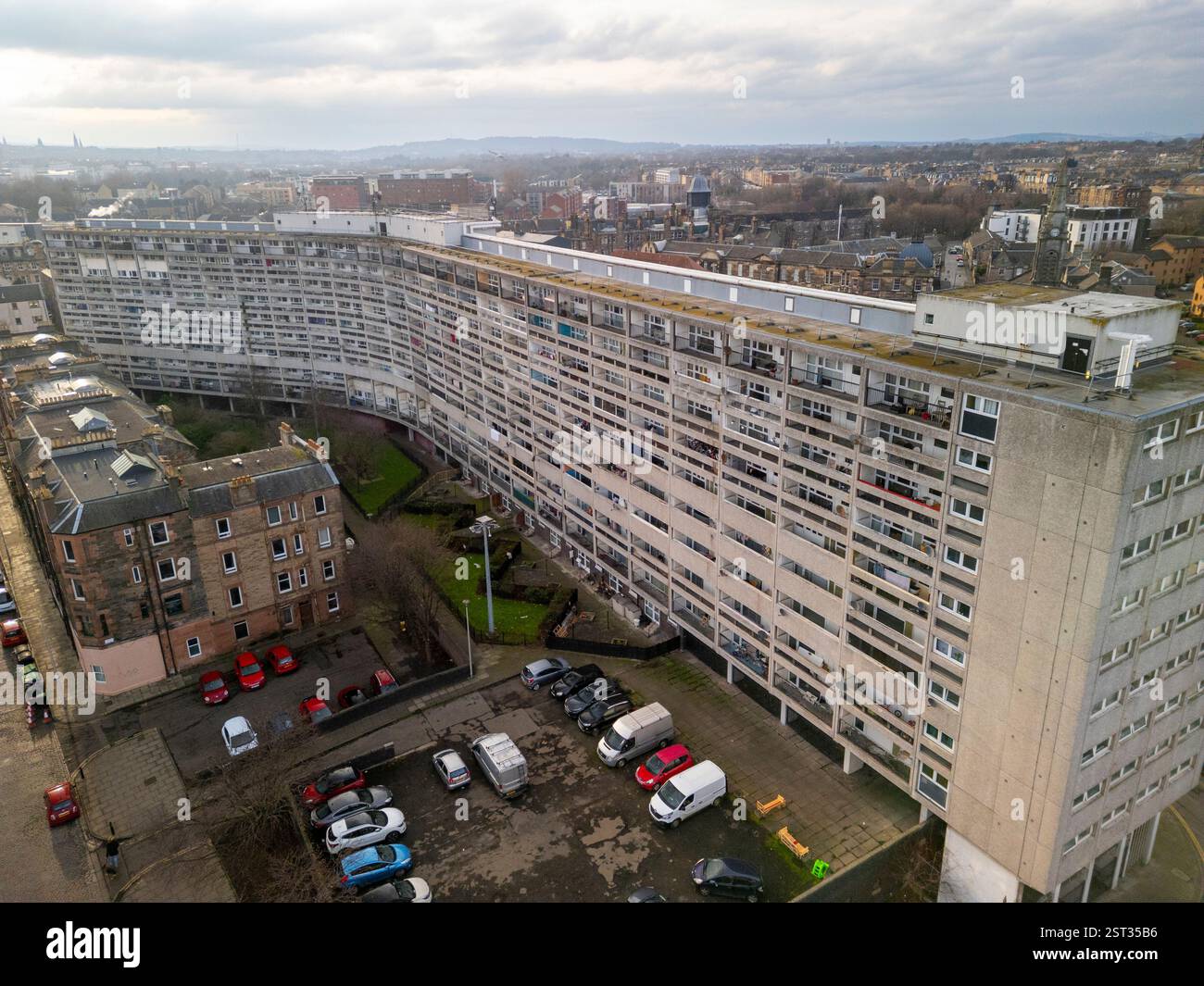Aerial view of Cables Wind House apartment building known as the Banana ...