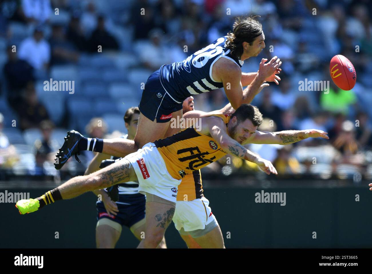Geelong, Australia. 17th Feb, 2025. Cats player Jack Henry (left) and ...