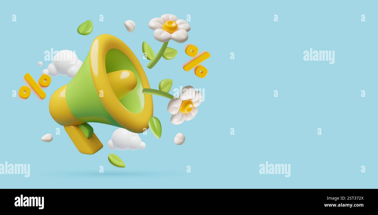 Spring sale event announcement background with a loudspeaker flying ...