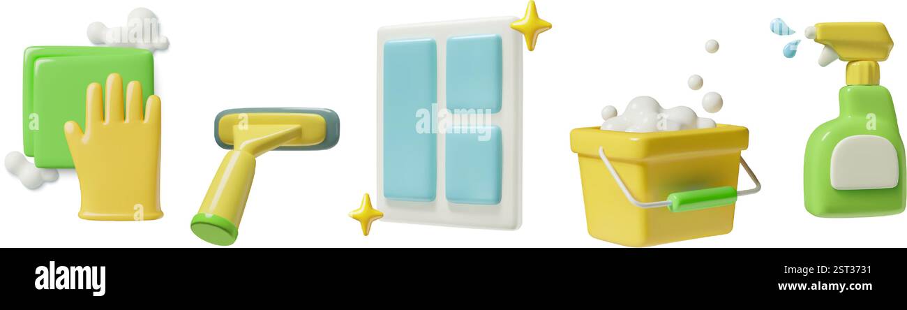 Windows cleaning 3d icons set with mop glass cleaner bucket suds rubber ...