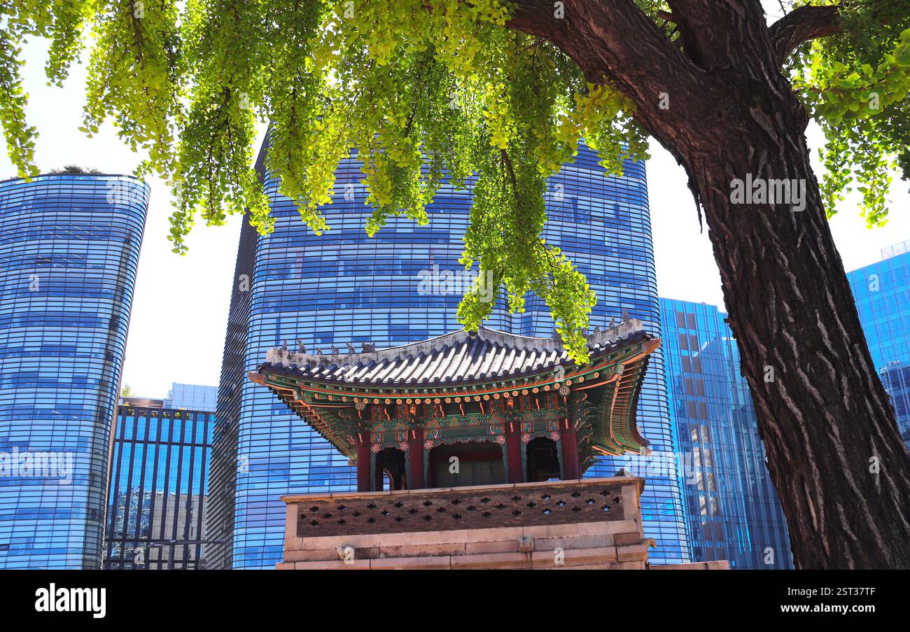 Past and Present, contrast in architecture concept. Ancient pavilion ...