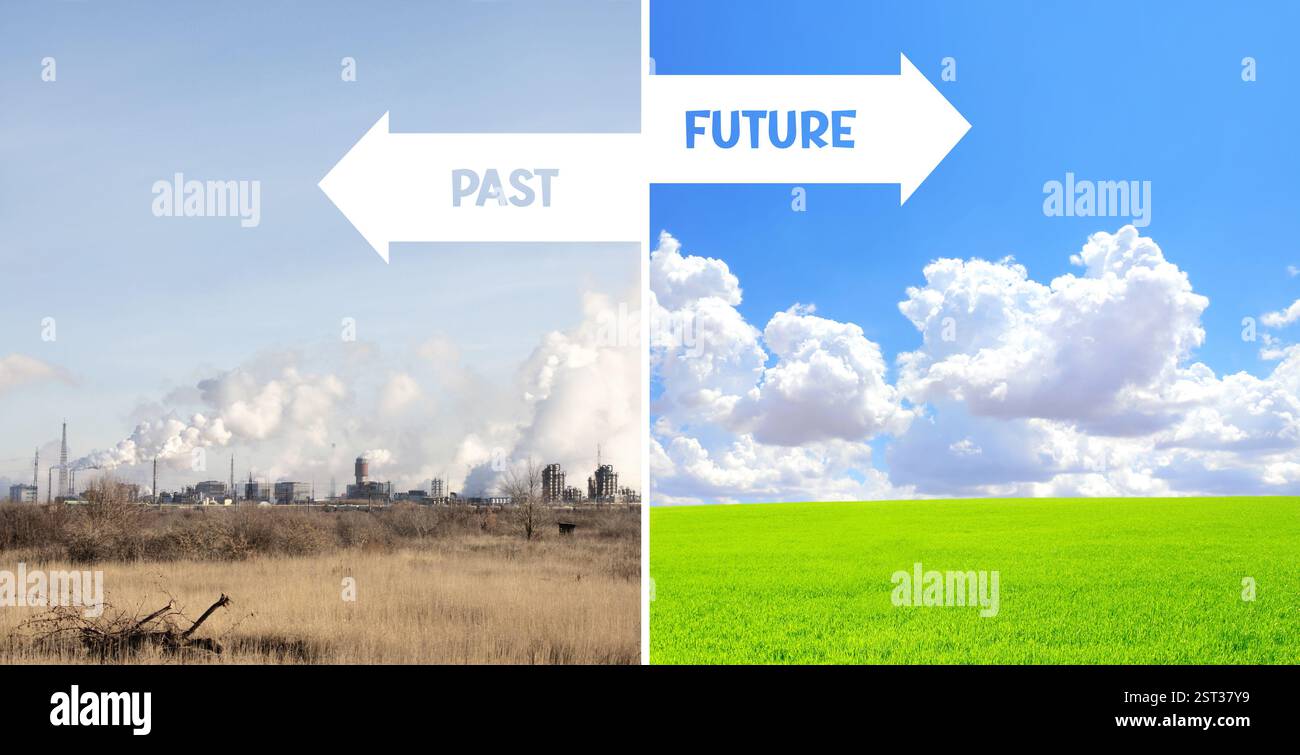Past and future concept. Eco issue. Ecology, nature, pollution and ...