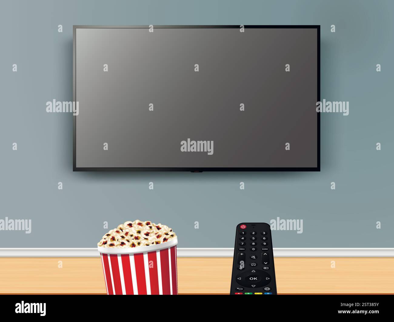 Popcorn and remote control in front of TV screen. Watching online tv ...