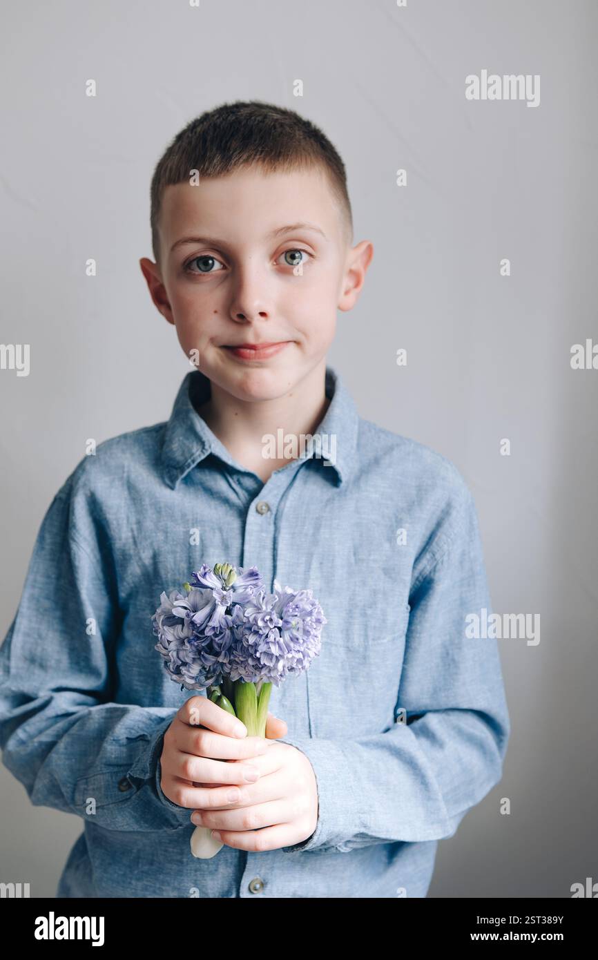 сhild Gives A Bouquet To Hyacinth Spring Flowers Background Mother S