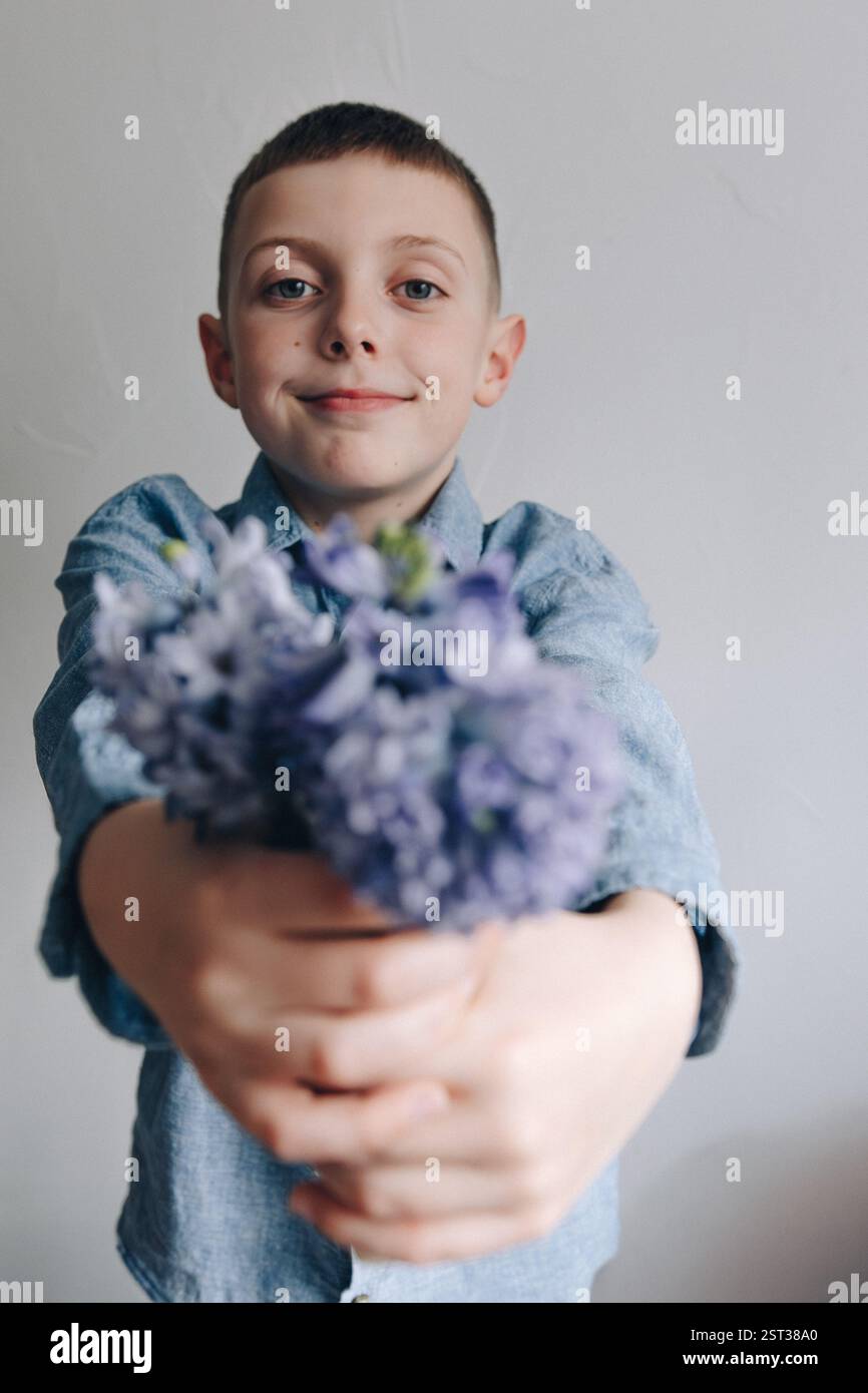 сhild Gives A Bouquet To Hyacinth Spring Flowers Background Mother S
