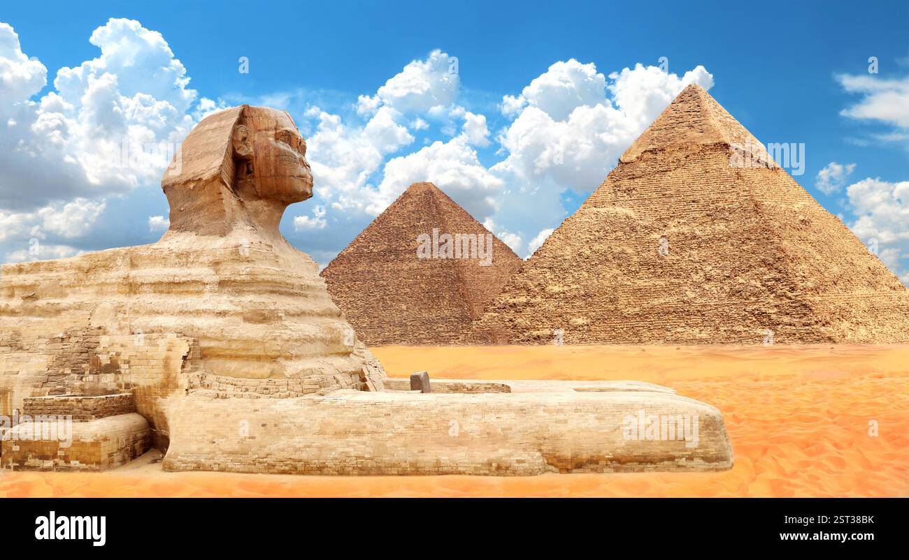 Famous Great Sphinx and pyramids of Chephren, Cheops, Menkaure, Cairo ...