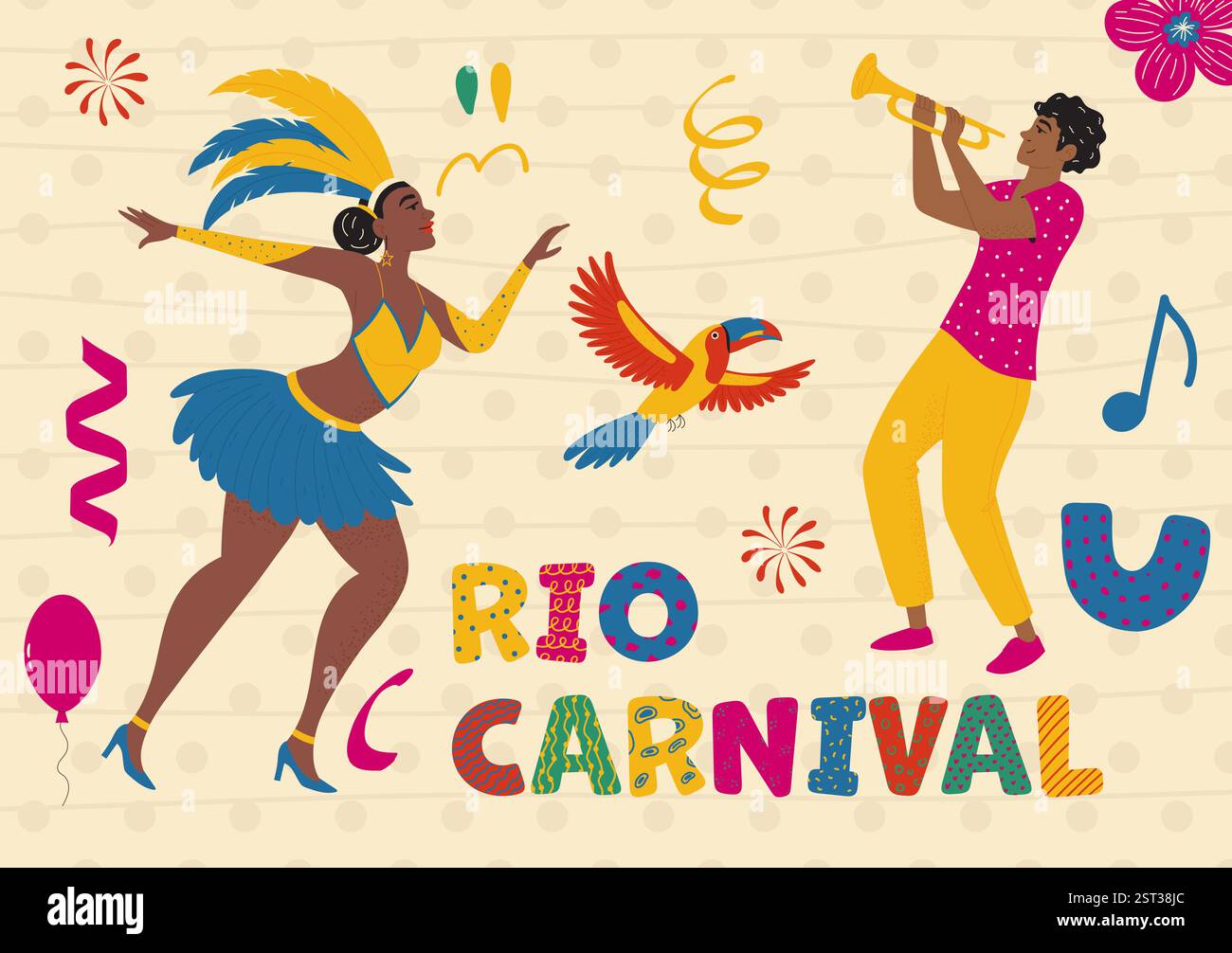 Vibrant Rio carnival poster with samba dancers, tropical parrot, mask ...