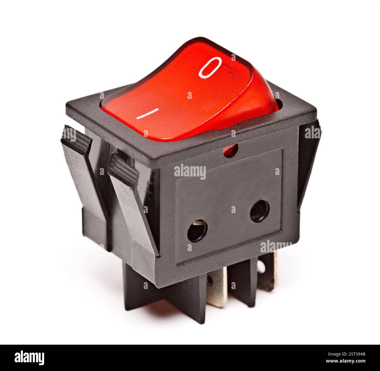 This toggle switch features a red handle with positions for on and off ...