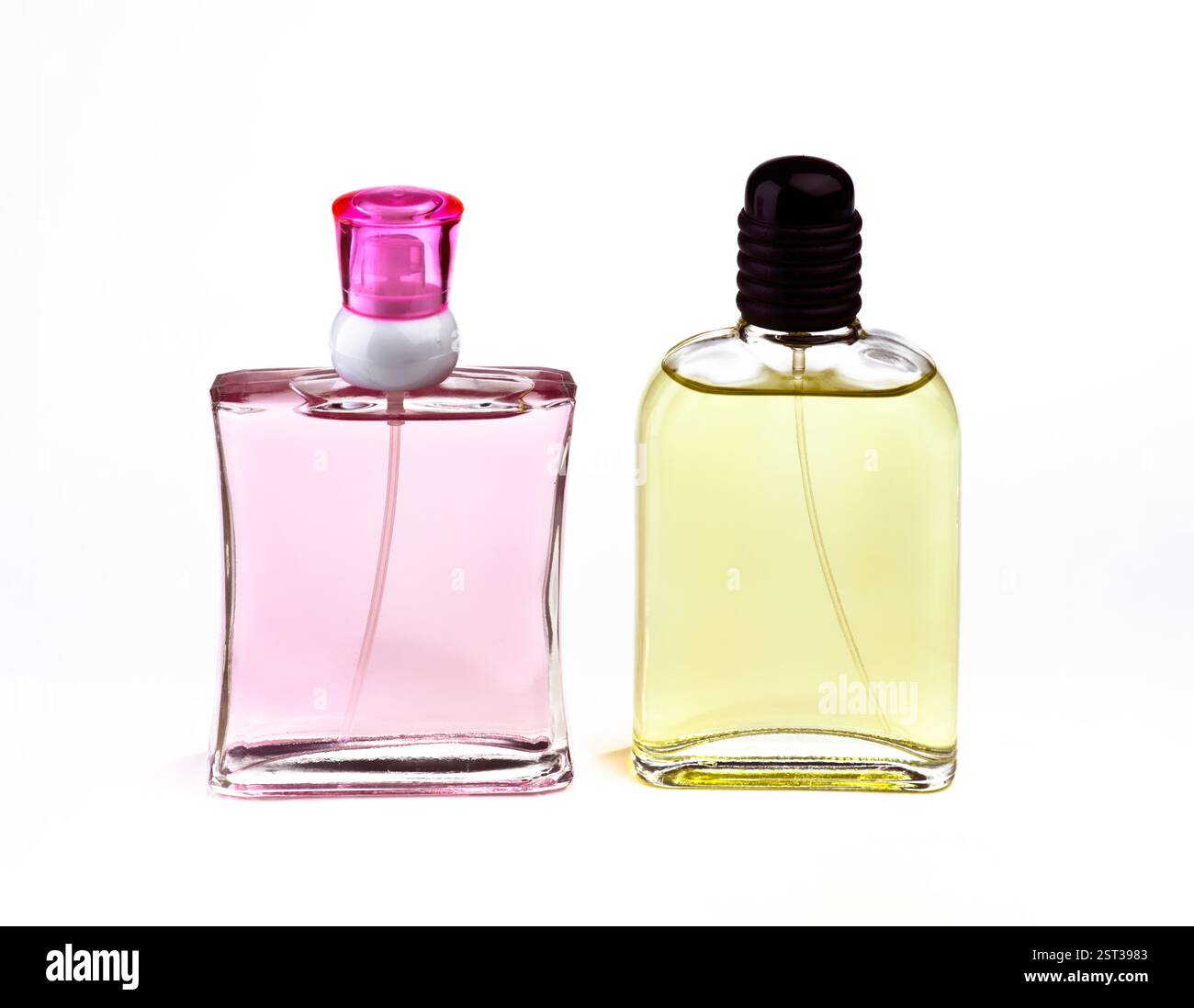 Two elegant perfume bottles, one pink and one yellow, with sleek glass ...