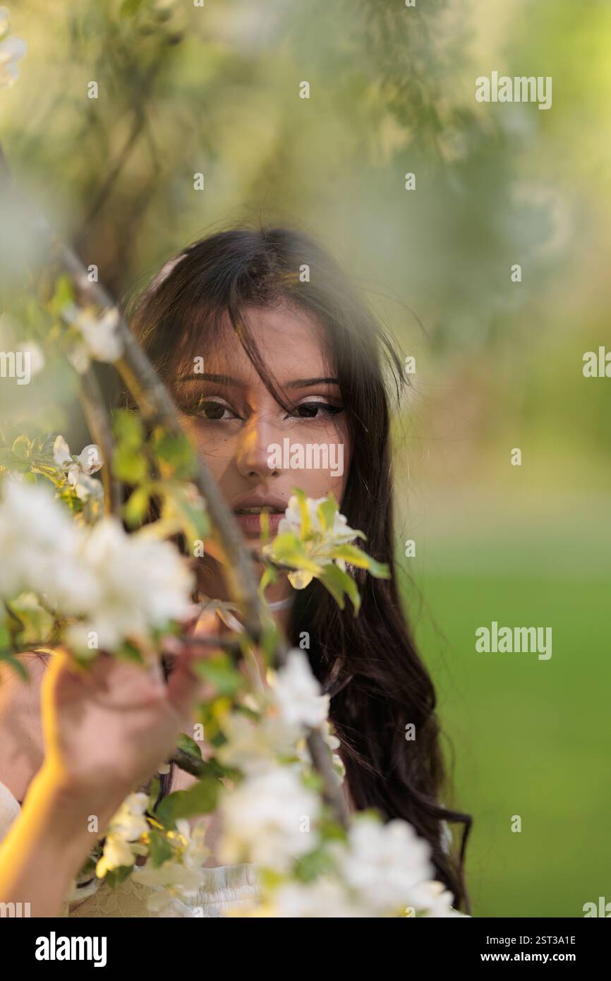 Beautiful Girl with long hair poses near white blossoming apple trees ...