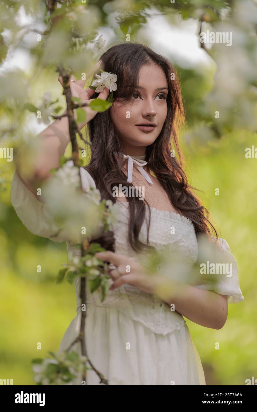 Beautiful Girl with long hair poses near white blossoming apple trees ...