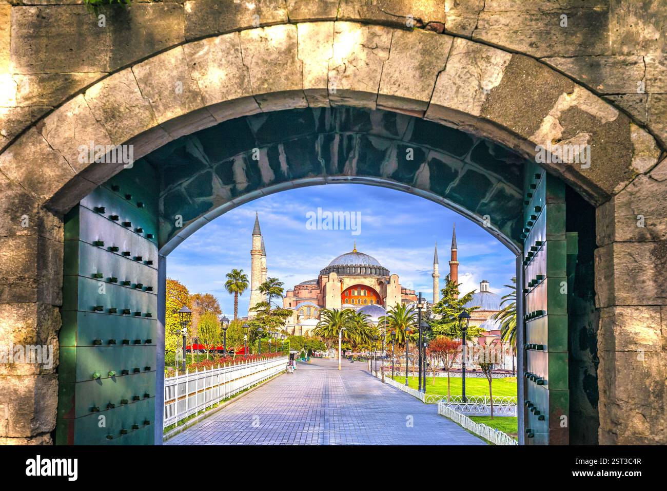 The Hagia Sophia Grand Mosque in Istanbul view through stone gate ...