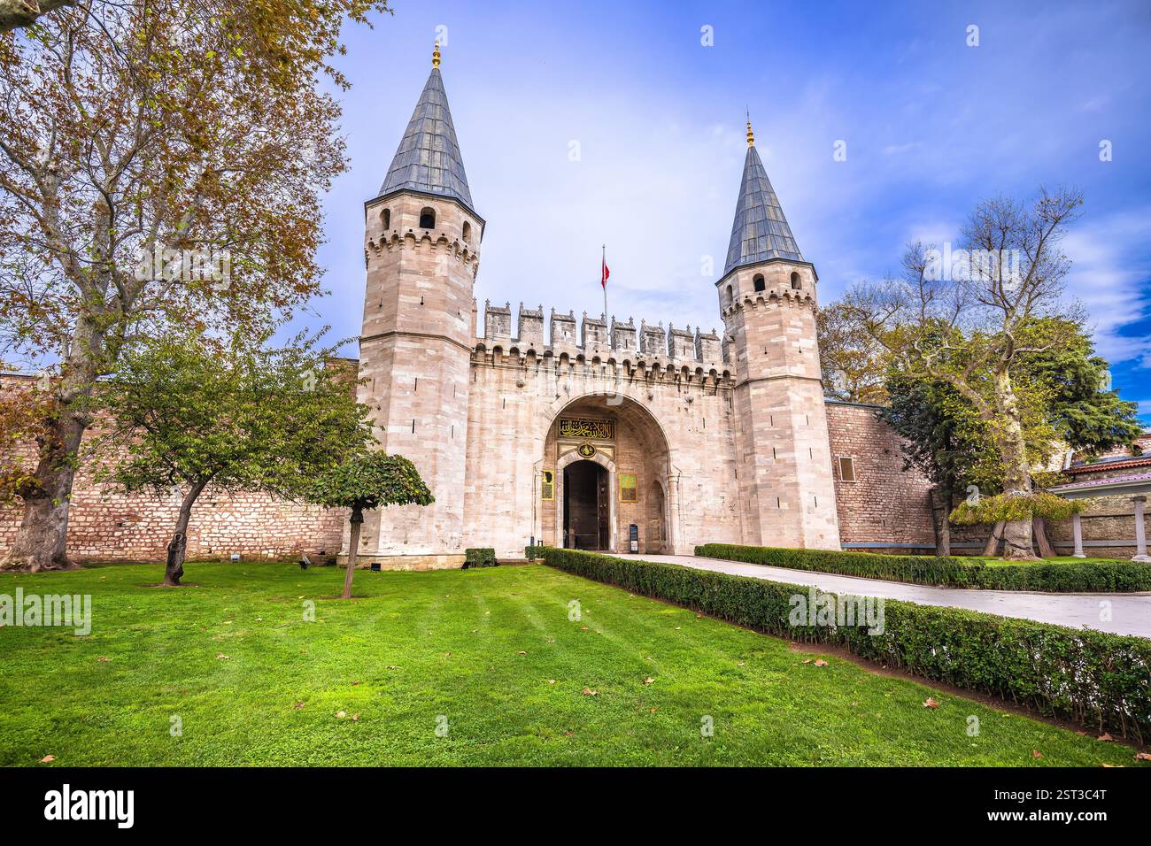 Topkapi Saraj palace in Istanbul entrance gate park view, landmark of ...