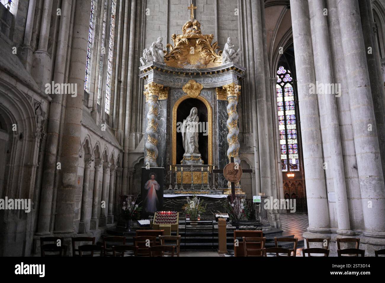A beautifully detailed altar with a marble Virgin Mary statue, golden ...