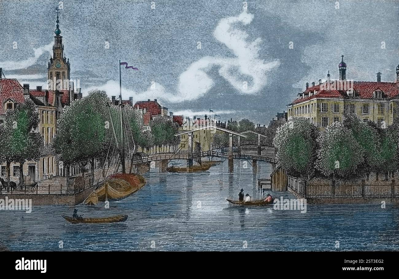 Netherlands. Amsterdam. Engraving, 1858. Picturesque view. Canal of ...