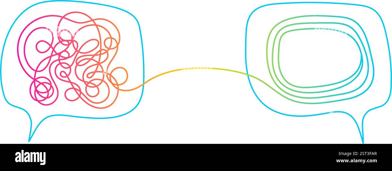 Tangle of thoughts. Line concept. Simplify complex process. Easy solution. Psychological stress ...