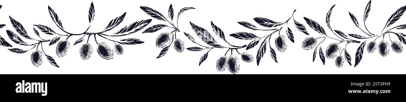 Olive seamless border. Vector texture linocut. Nature branch, oil ...