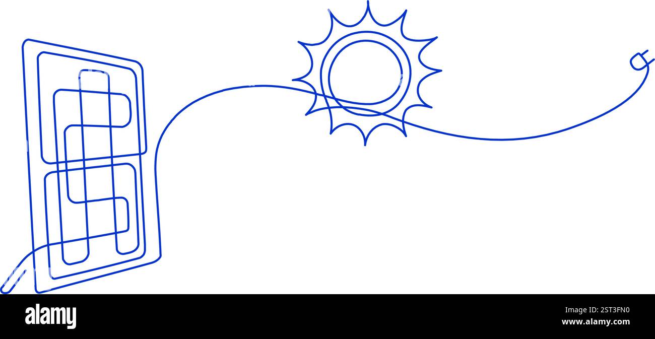 Sun and solar panel in continuous line. Renewable energy, green ...