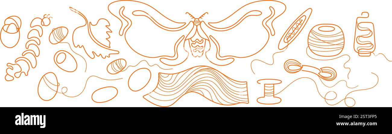 Silkworm and silk caterpillar, cocoon, butterfly, spool of thread and ...