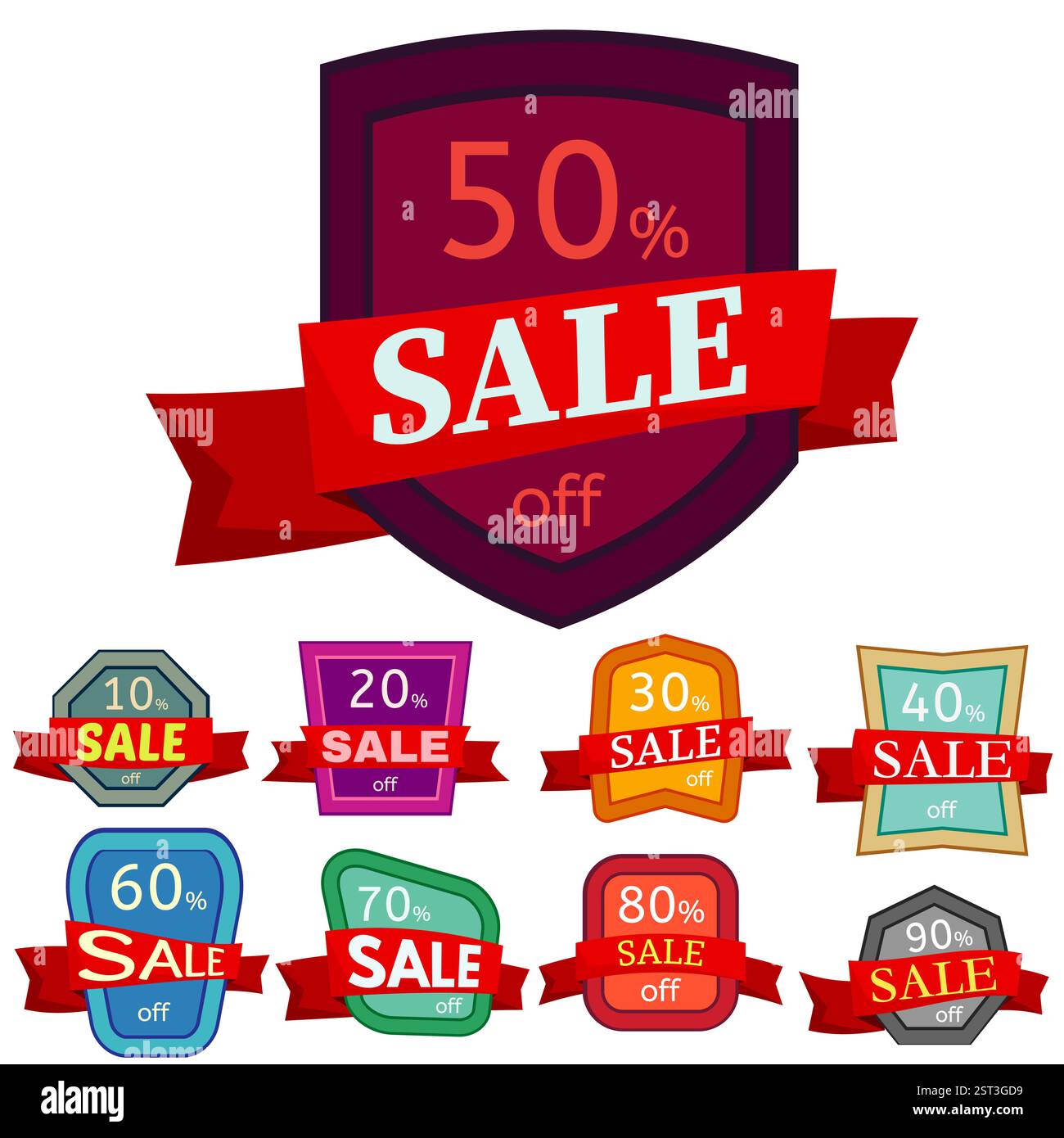 Set of different nine discount stickers. Colorful badges with red ribbon for sale 10 - 90 ...