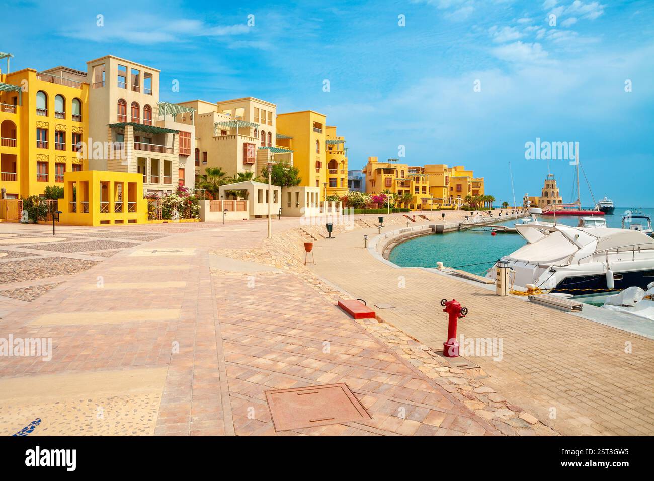 Promenade of new marina and lighthouse in El Gouna town. Egypt Stock ...