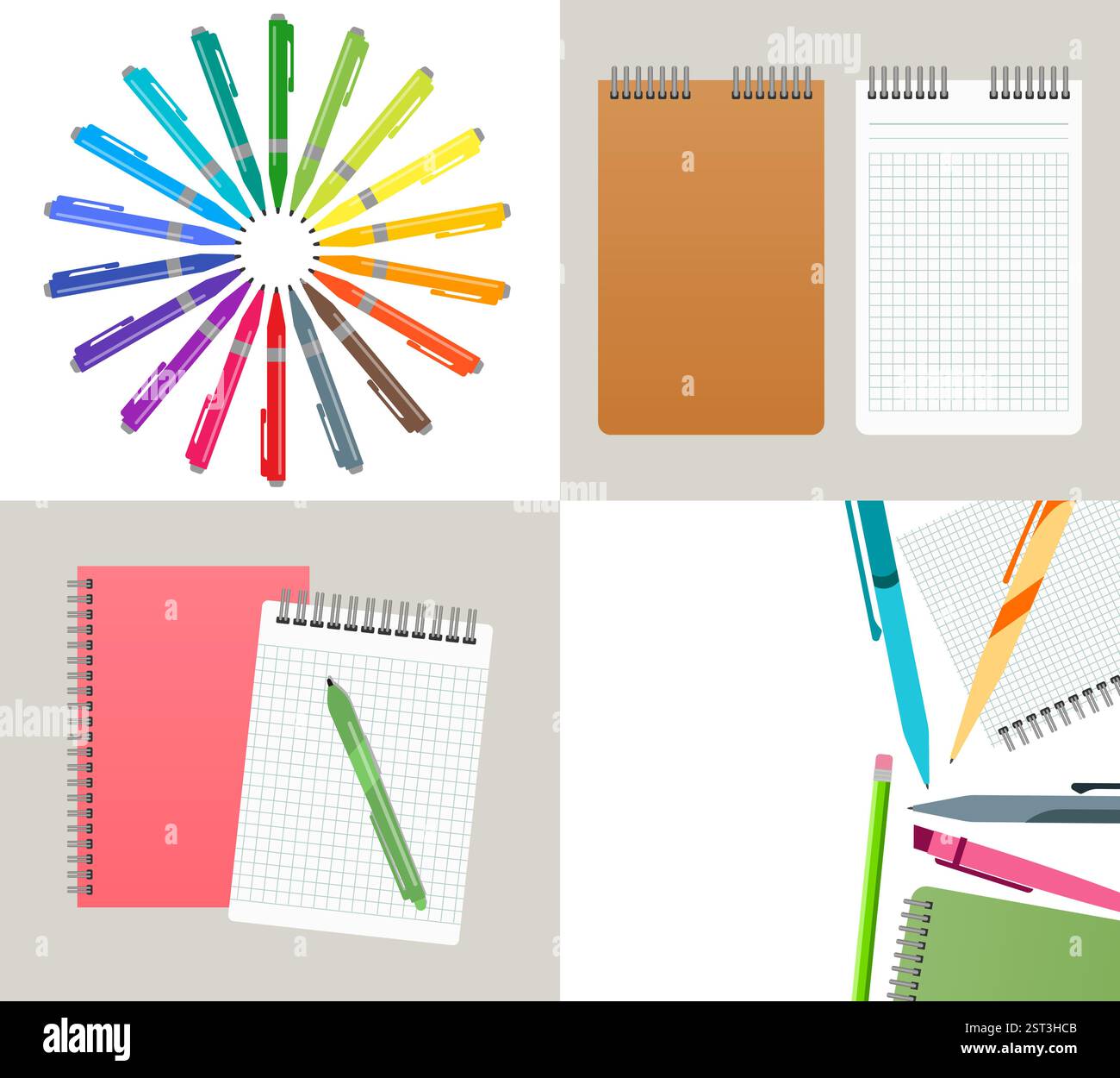Set of four vector illustration with notebooks, pens and pencils Stock ...