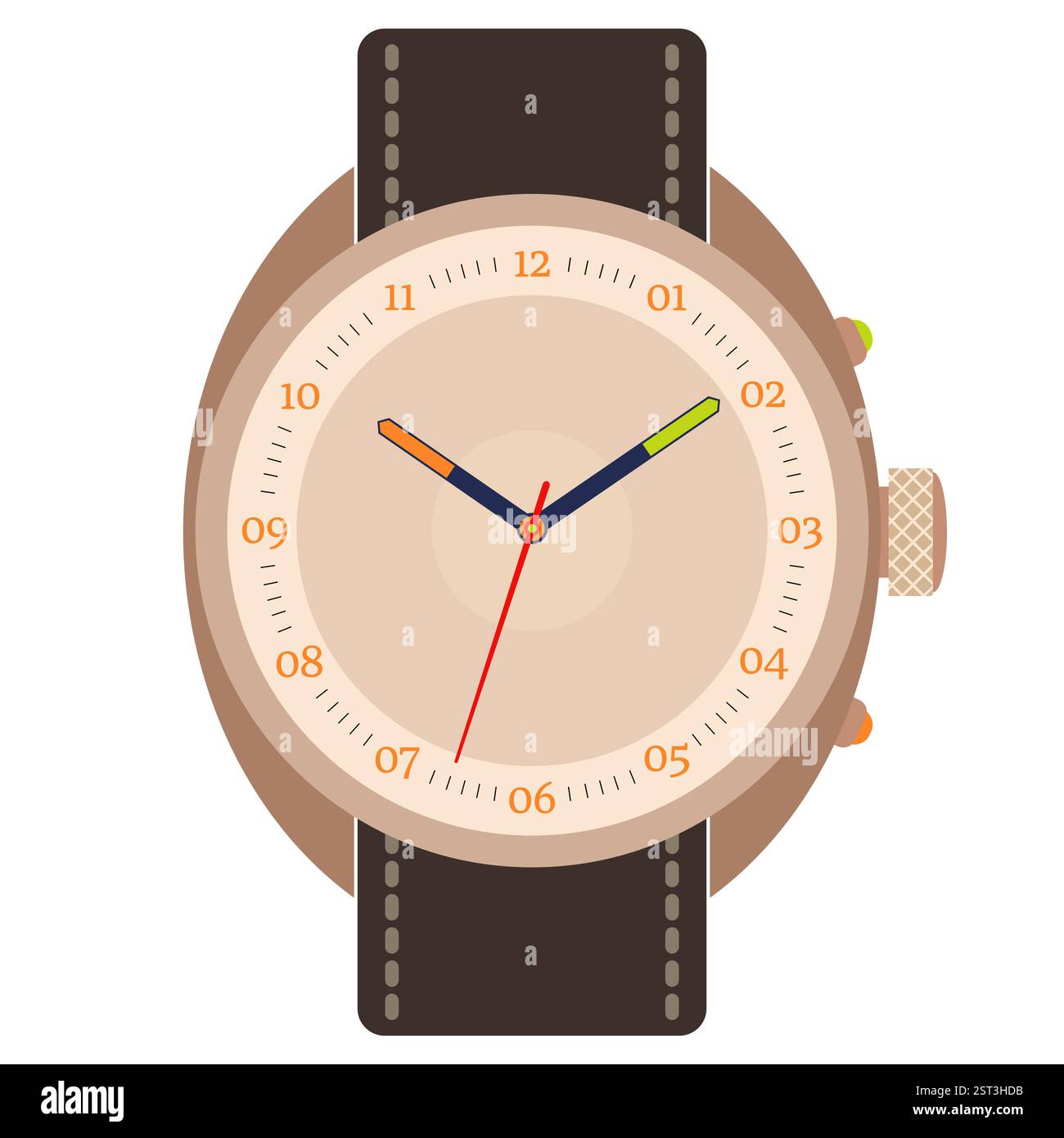 Classic design mechanical wristwatch isolated on white background. Clock face with hour, minute ...