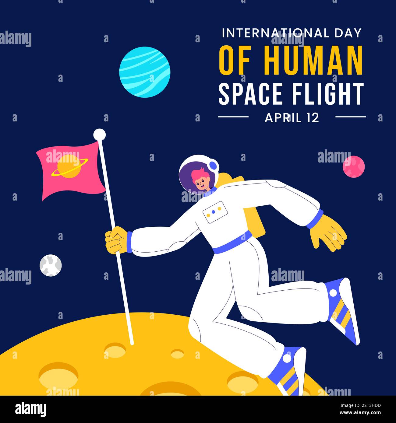 International Day of Space Exploration Hand-Drawn Flat Cartoon ...