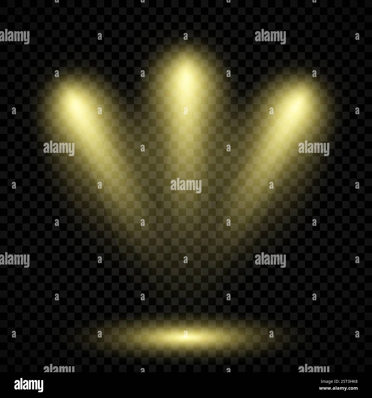 Cold yellow lighting with three spotlights. Scene illumination effects on a dark transparent ...