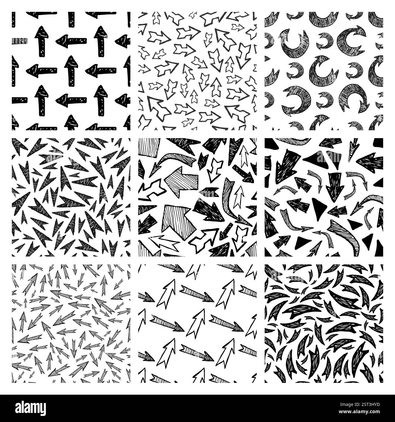 Seamless pattern with black hand drawn arrows. Set of nine creative ...