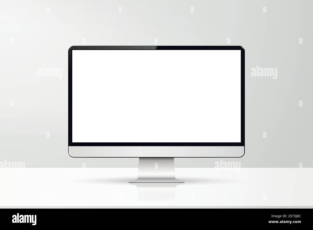 Front view of a computer with a white screen mockup on a table against ...