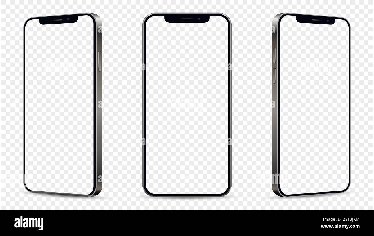 Three smartphones with empty transparent screens. Mobile phone isolated ...