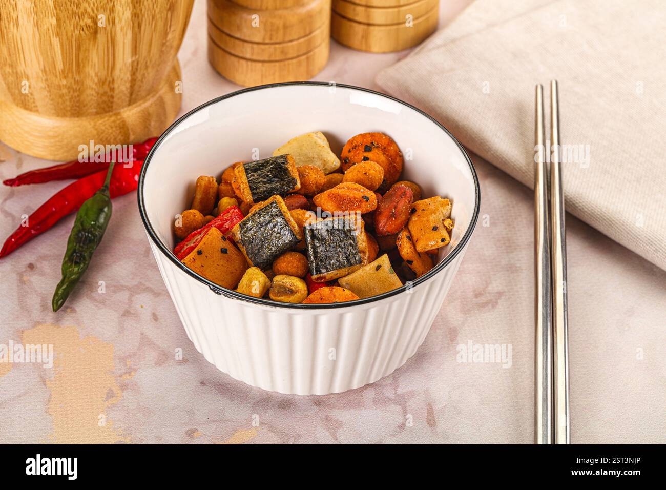 Japanese snack - Chili mame arare rice spicy cracker Stock Photo - Alamy