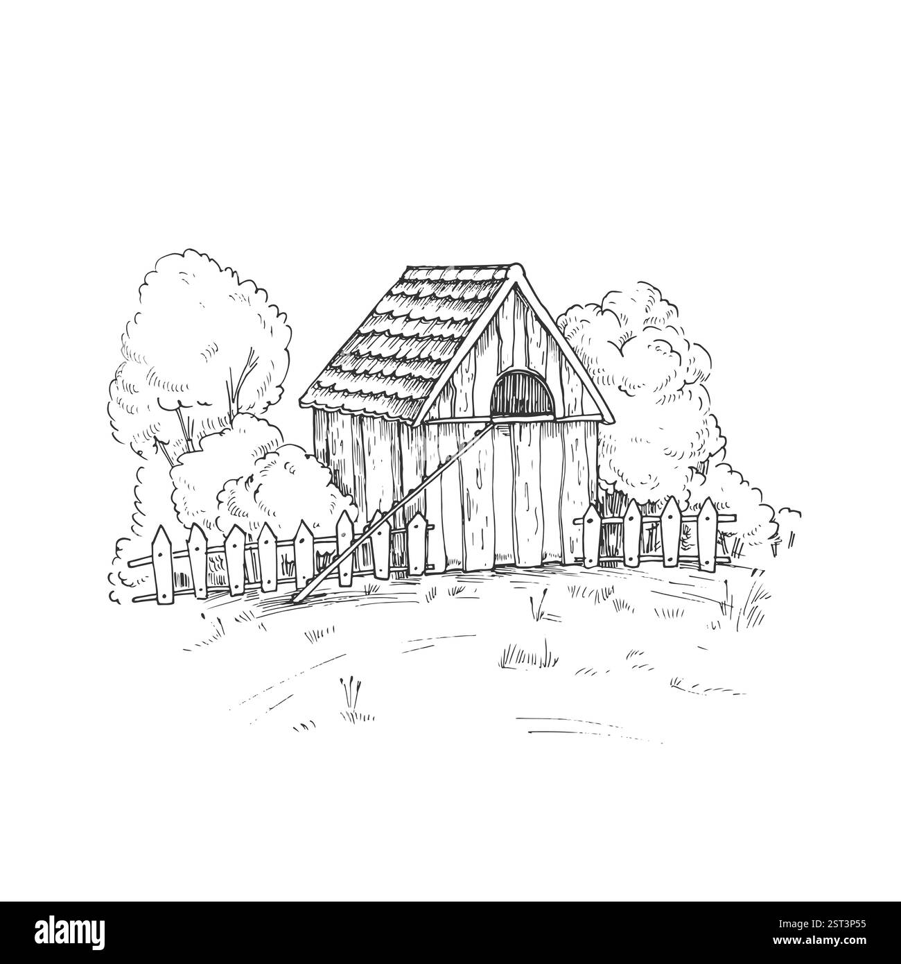Farm landscape scene with chicken coop, fence, trees and bushes. Vector ...