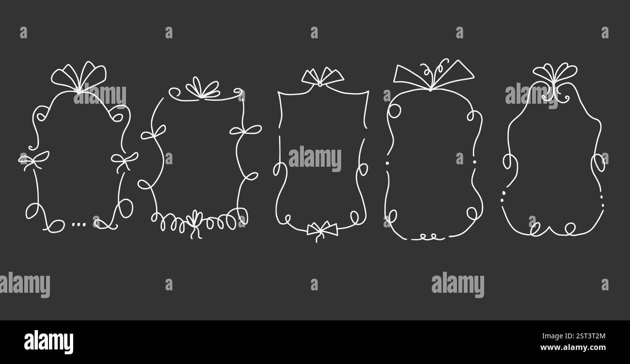 Doodle coquette frames with bows. Vintage scribble line wavy border ...