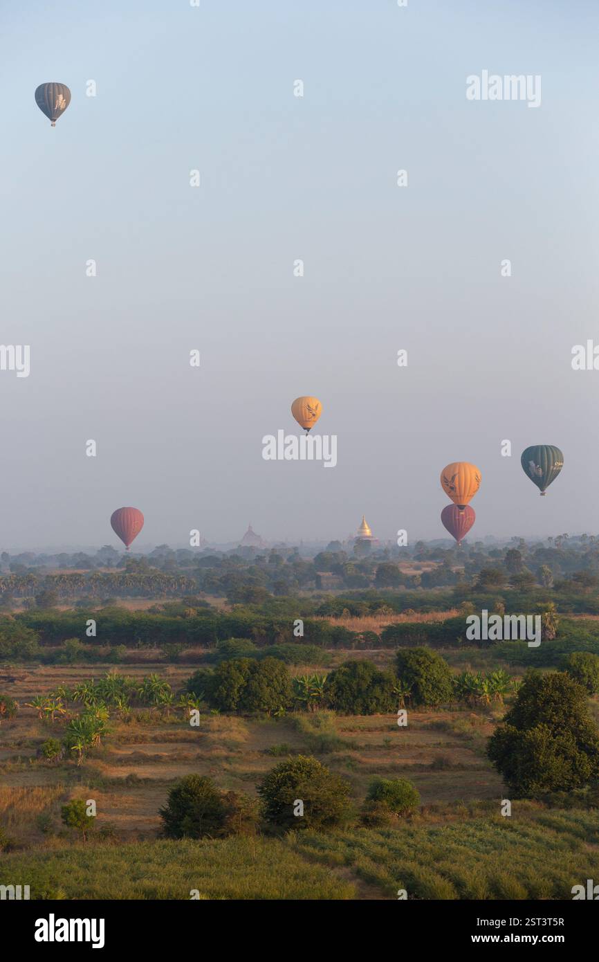 Myanmar, Bagan, views of hot air balloons over Bagan temples Stock ...