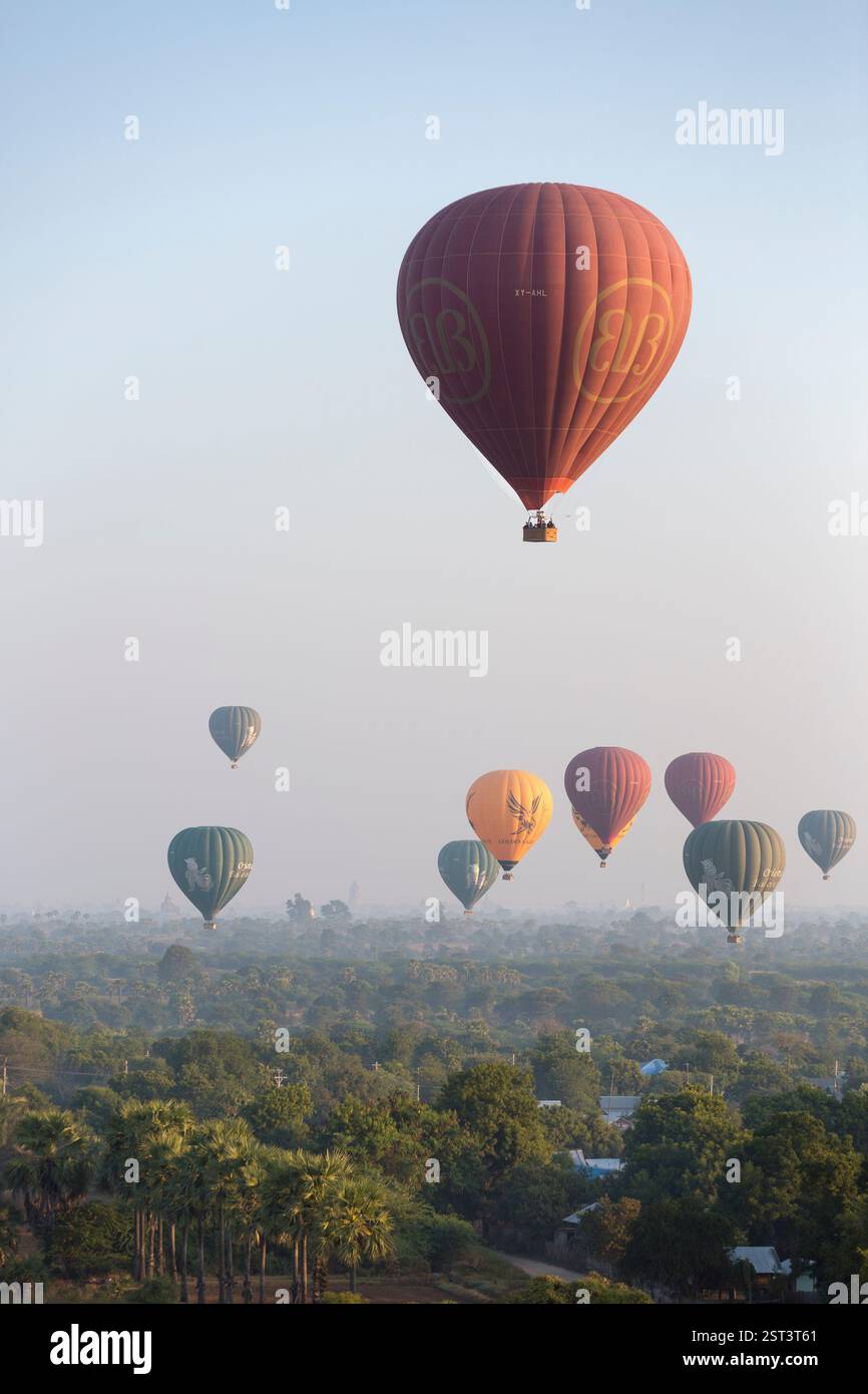 Myanmar, Bagan, views of hot air balloons over Bagan temples Stock ...