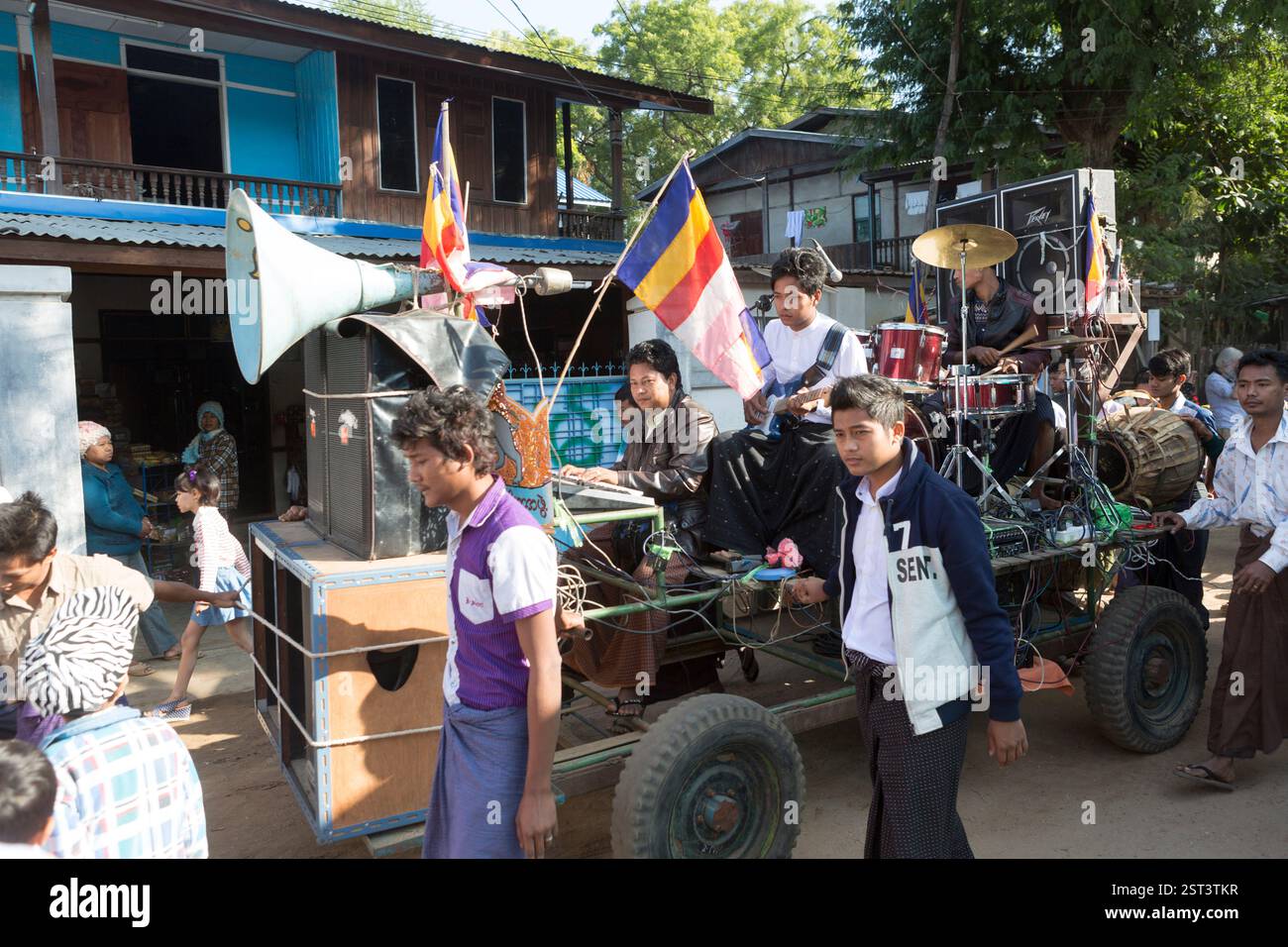 Myanmar, Bagan, music band playing on the float at the ceremony for the ...