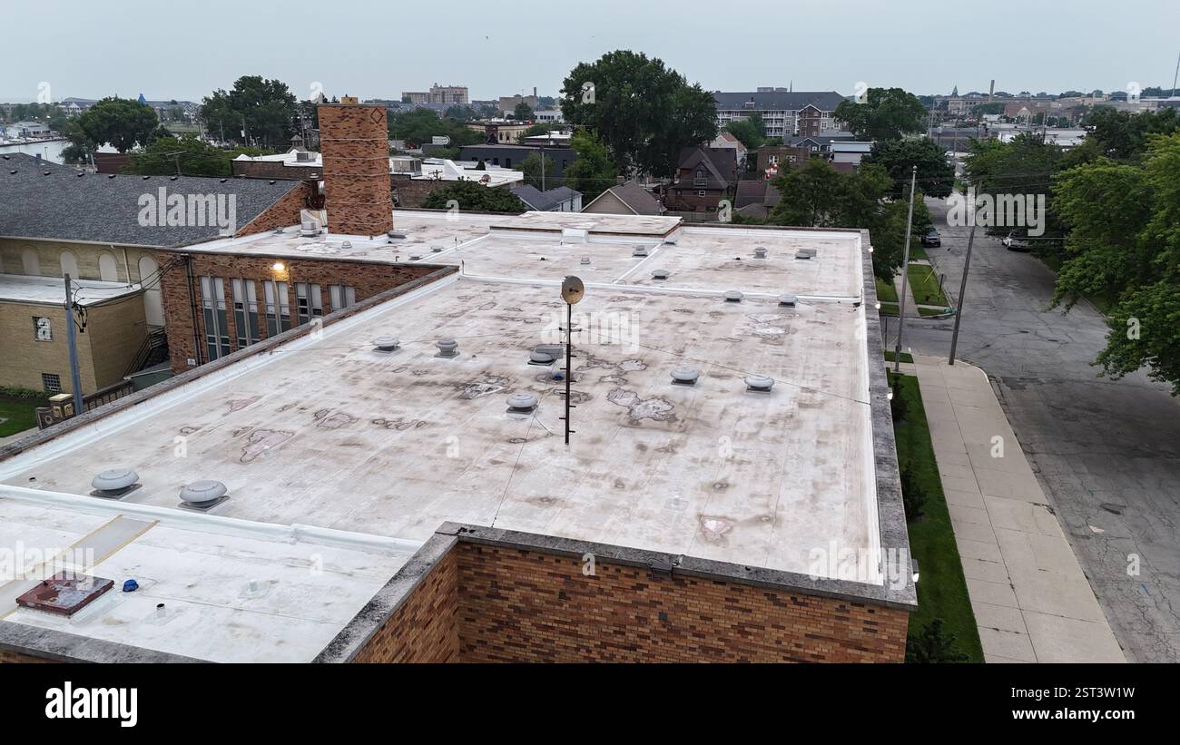 Vintage Satellite Dish On Top Of Rustic Rooftop With Guy Wire Cables ...