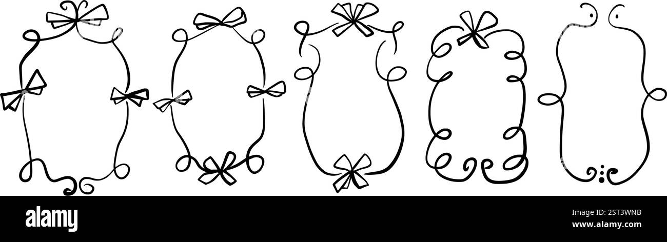 Doodle coquette frames with bows. Vintage scribble line wavy border ...