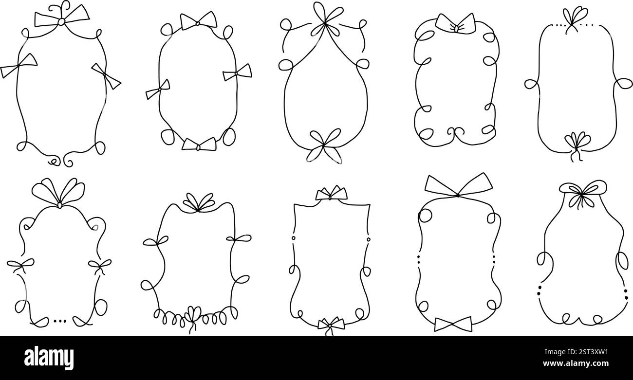 Doodle coquette frames with bows. Vintage scribble line wavy border ...