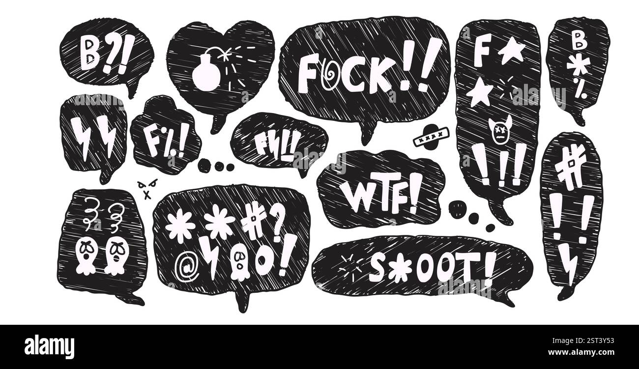 Speech bubbles with swear words. Curse crayon doodle text. Negative ...