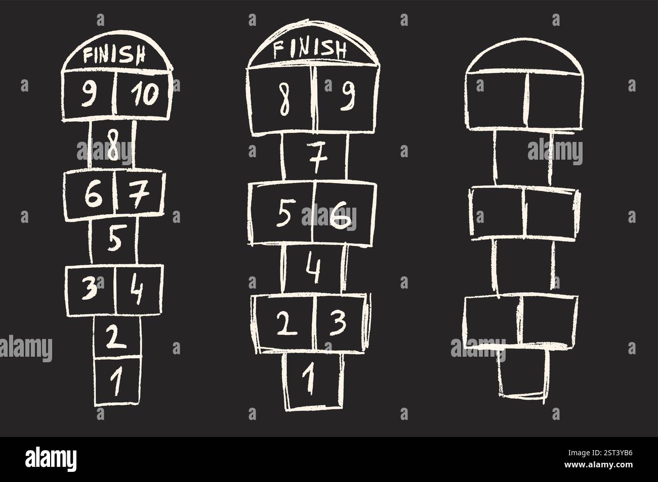 Hopscotch games chalk drawn set isolated on dark background. Children ...