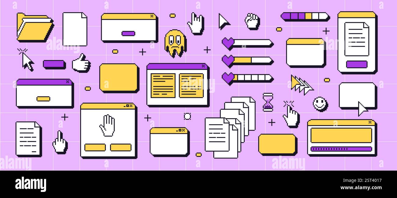 Pixel art retro windows interface. 8 bit browser and popup elements ...