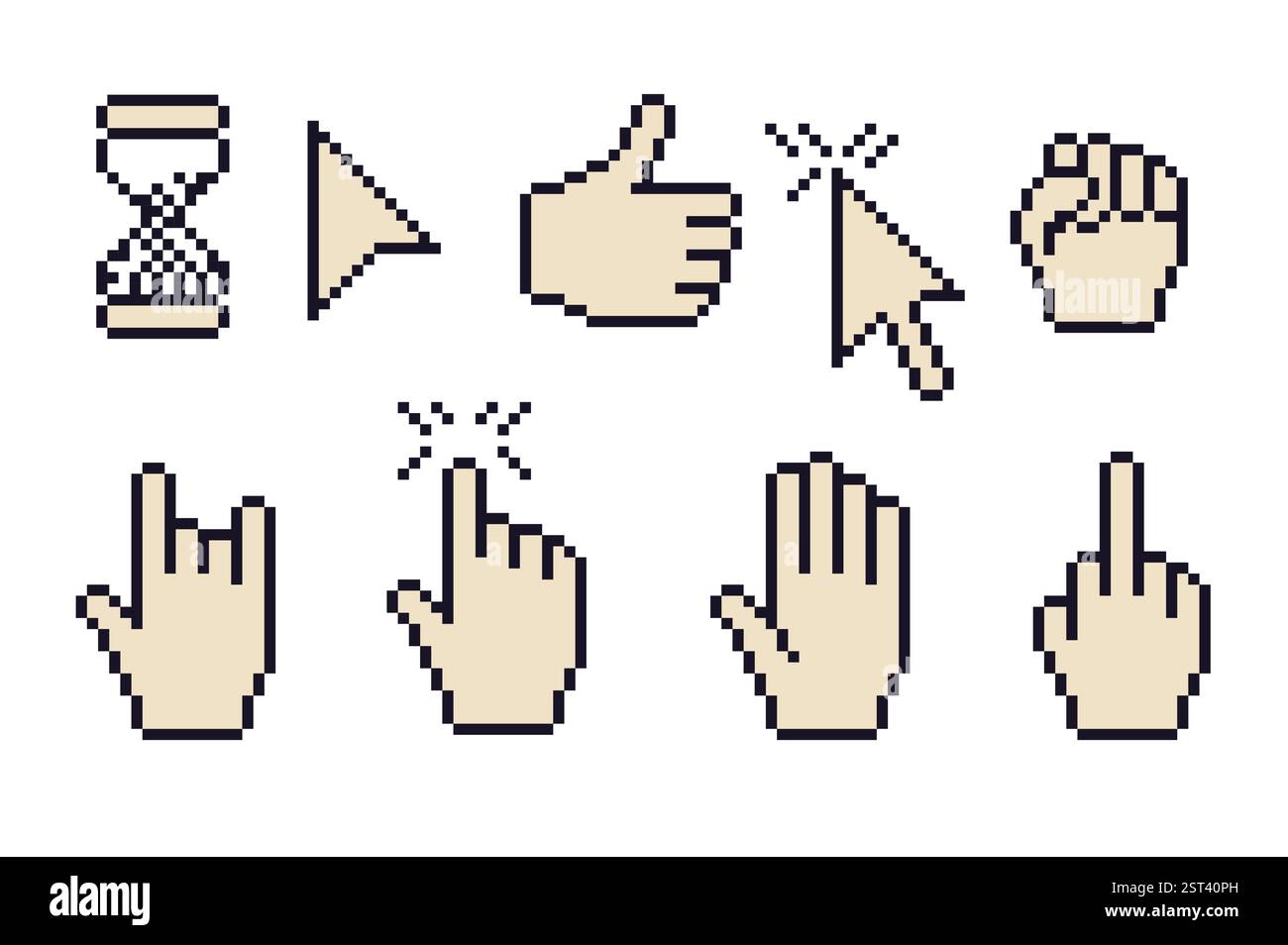 Pixel art retro cursors, hands. 8 bit pointers, arrows and hourglass. Vintage nostalgic ...