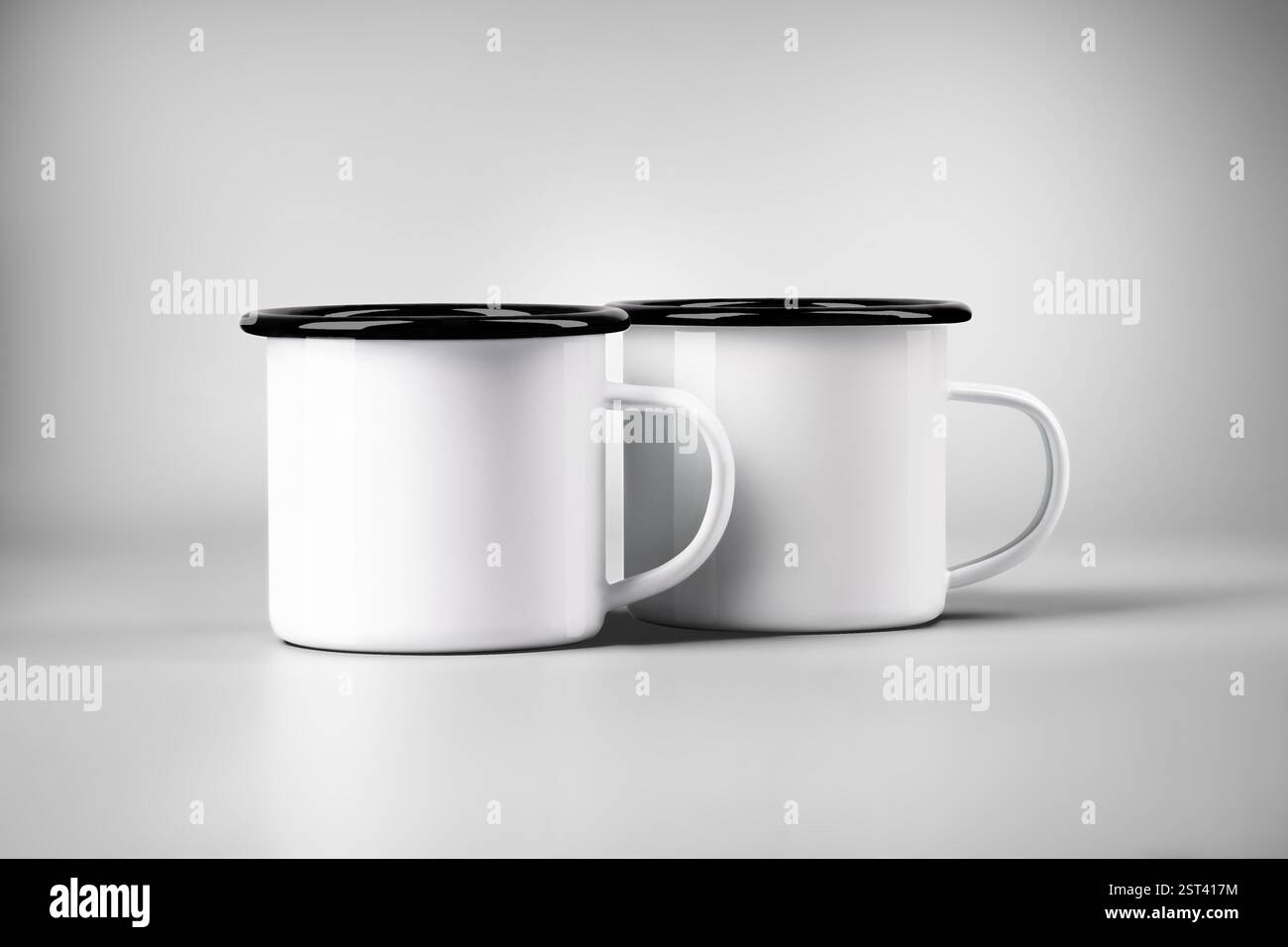 Mockup enamel white mugs with black rim, handle, composition of empty ...