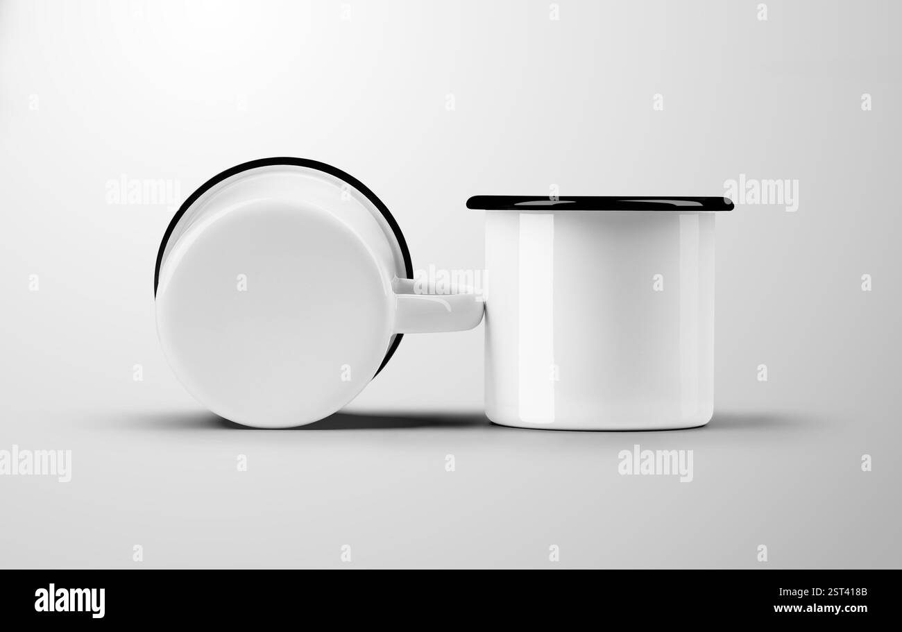 Template of enamel white mugs with black rim, presentation of steel ...